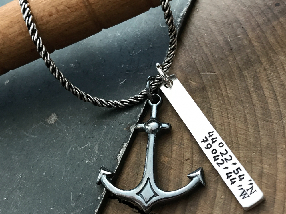 Mens Anchor Necklace Custom Co Ordinates Necklace Sterling Silver 2 Sisters Handcrafted